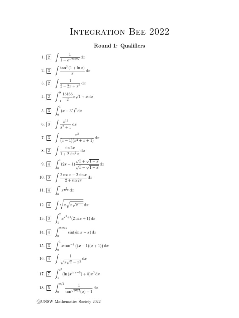 Integration Bee Questions and Answers | PDF