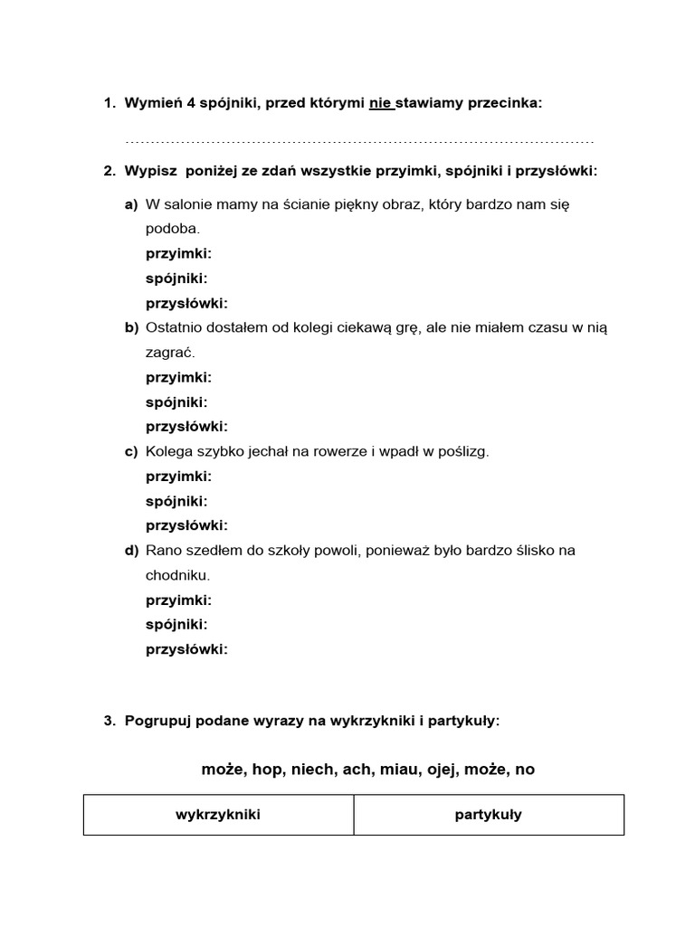 Kartkówka Nieodmienne Częsci Mowy | PDF