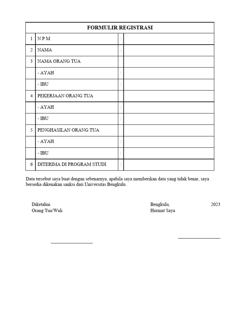 Formulir Registrasi Mahasiswa Baru | PDF