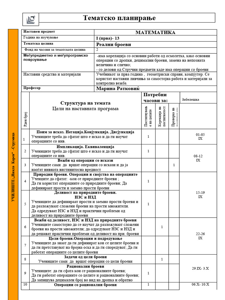 Tema Plan 1realni Broevi | PDF