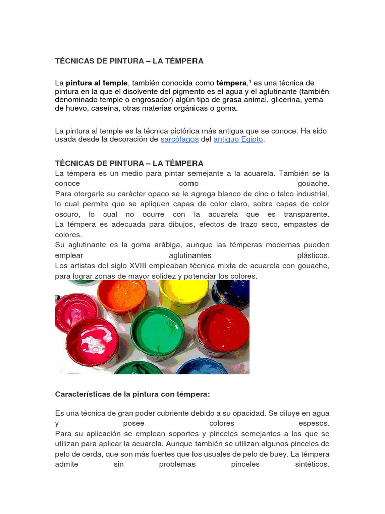 Técnicas de Pintura La Tempera | PDF | Pinturas | Pintura con acuarelas