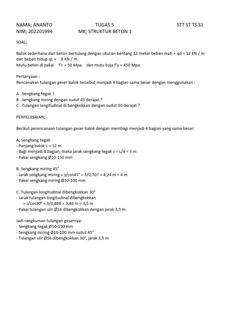 Ananto 202201994 Tugas 5 Struktur Beton 1 | PDF