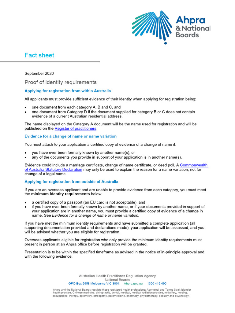 Ahpra Fact Sheet Proof of Identity Requirements | PDF