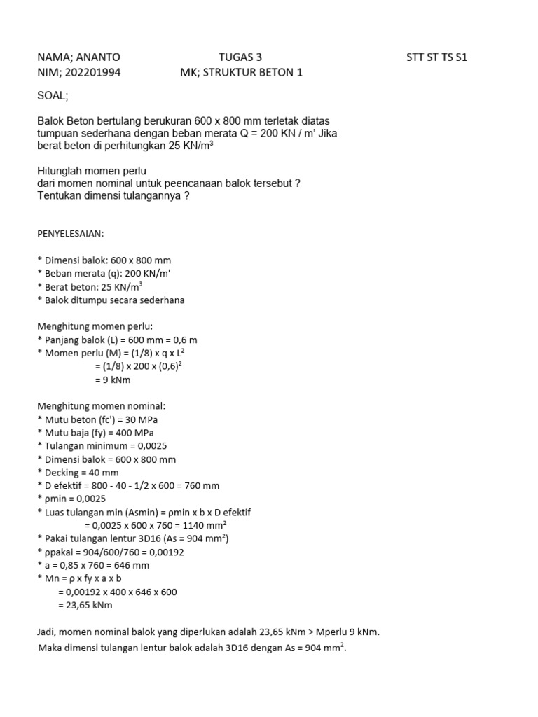 Ananto 202201994 Tugas 3 Struktur Beton 1 | PDF | Teknologi & Rekayasa