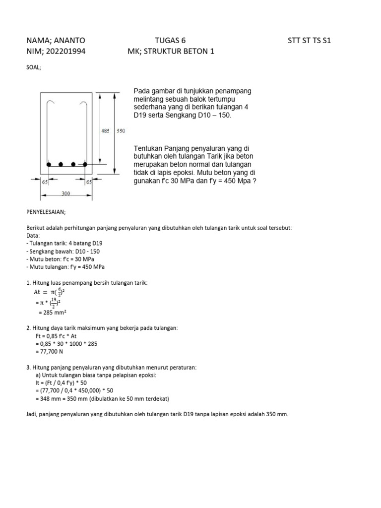 Ananto 202201994 Tugas 6 Struktur Beton 1 | PDF | Komputer