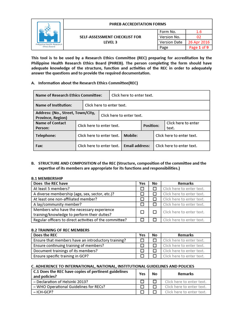 PHREB Form No. 1.6 Self-Assessment Form For Level 3 | PDF