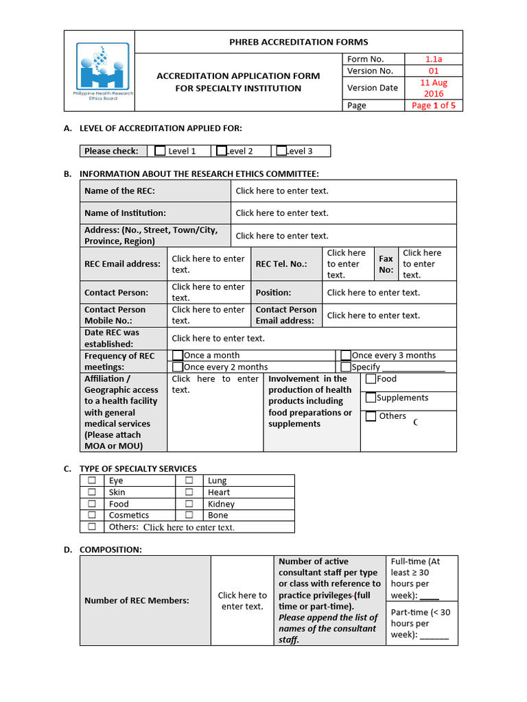 PHREB Form No. 1.1a Application For Accreditationof Specialty Clinics | PDF | Health Care ...