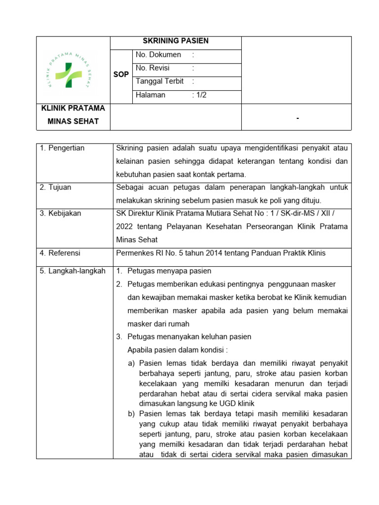 3.3.3.1 Sop Skrining Pasien | PDF
