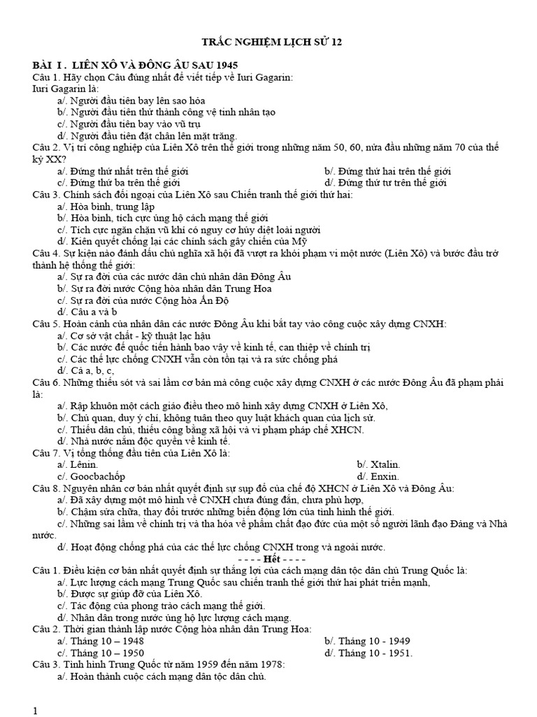 1200 Cau Hoi Trac Nghiem Lich Su | PDF