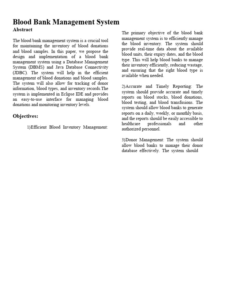Blood Bank Management System Research Paper | PDF | Blood Donation | Databases