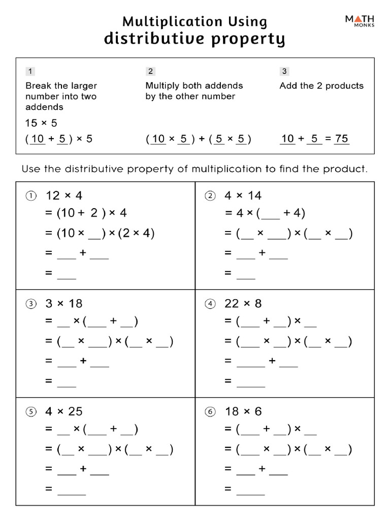 Distributive Property of Multiplication 3rd Grade Worksheet 3 | PDF