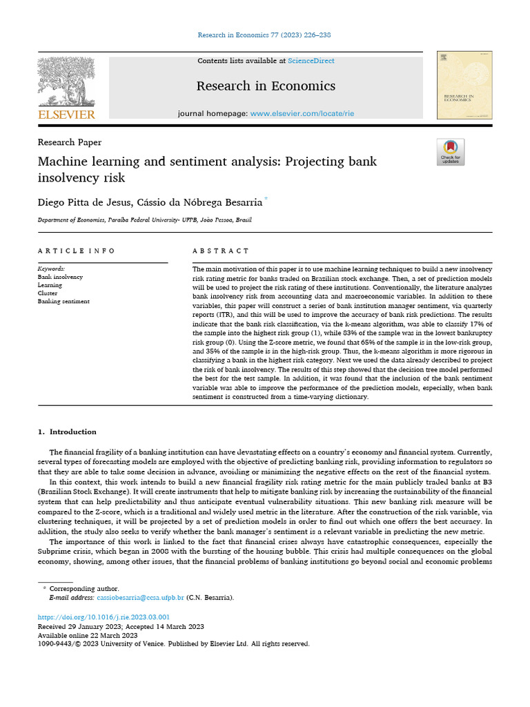Machine Learning and Sentiment Analysis Projecting Bank | PDF