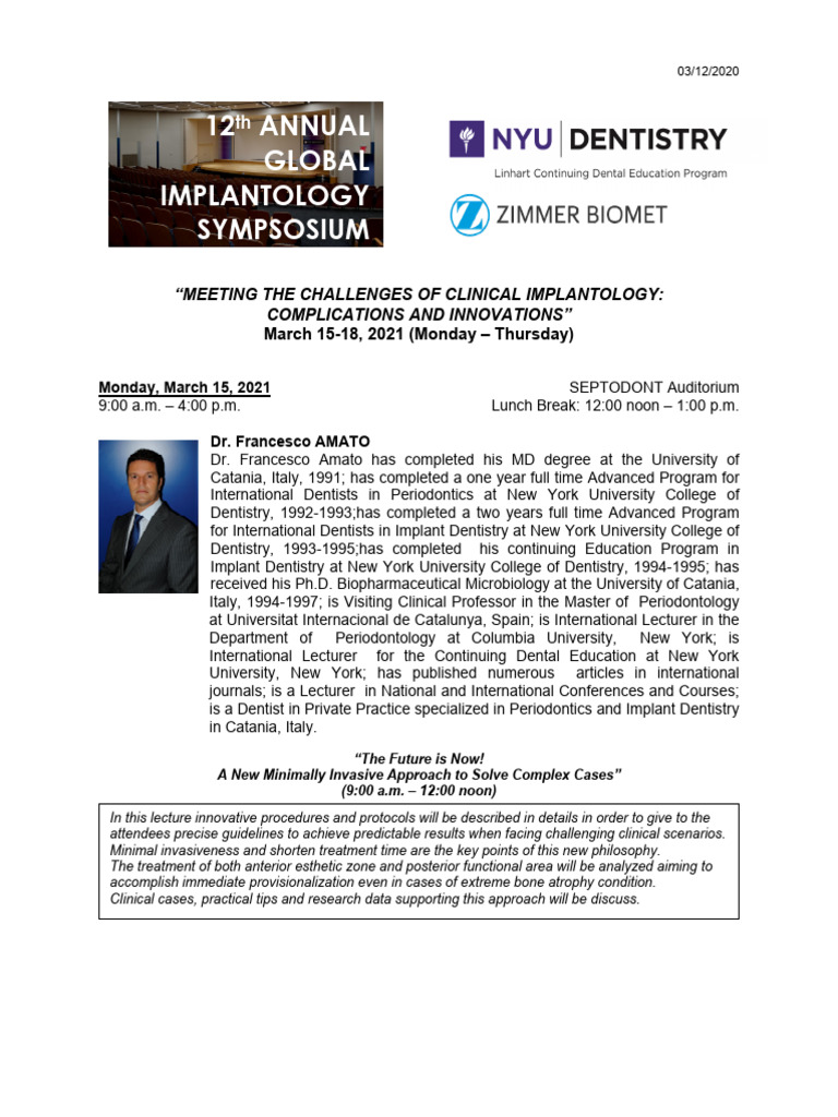 NYU Zimmer Biomet Global Implantology Symposium Agenda | PDF