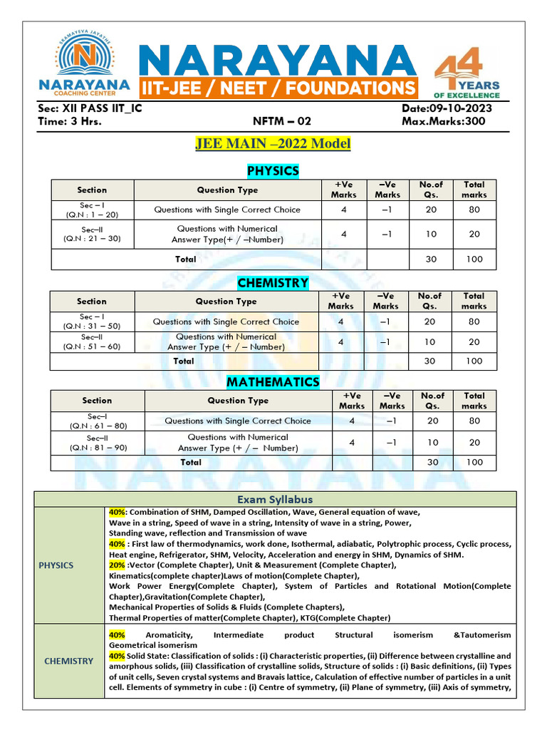 Xii Pass Iit Ic - NFTM 2 - Ex Dt. 09-10-2023 Q. Paper | PDF