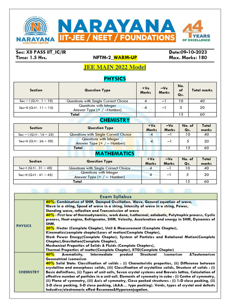 Xii Pass Iit Ic & Ir NFTM 2-09-10 2023 Warmup QP | PDF | Complex Number | Crystal Structure