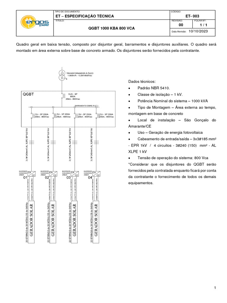 Especificação Técnica - QGBT 800vca | PDF