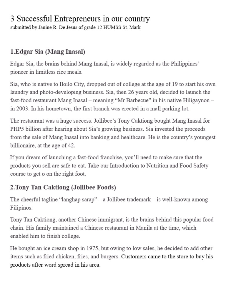 3 Successful Entrepreneurs in Our Country | PDF | Foods | Food Industry