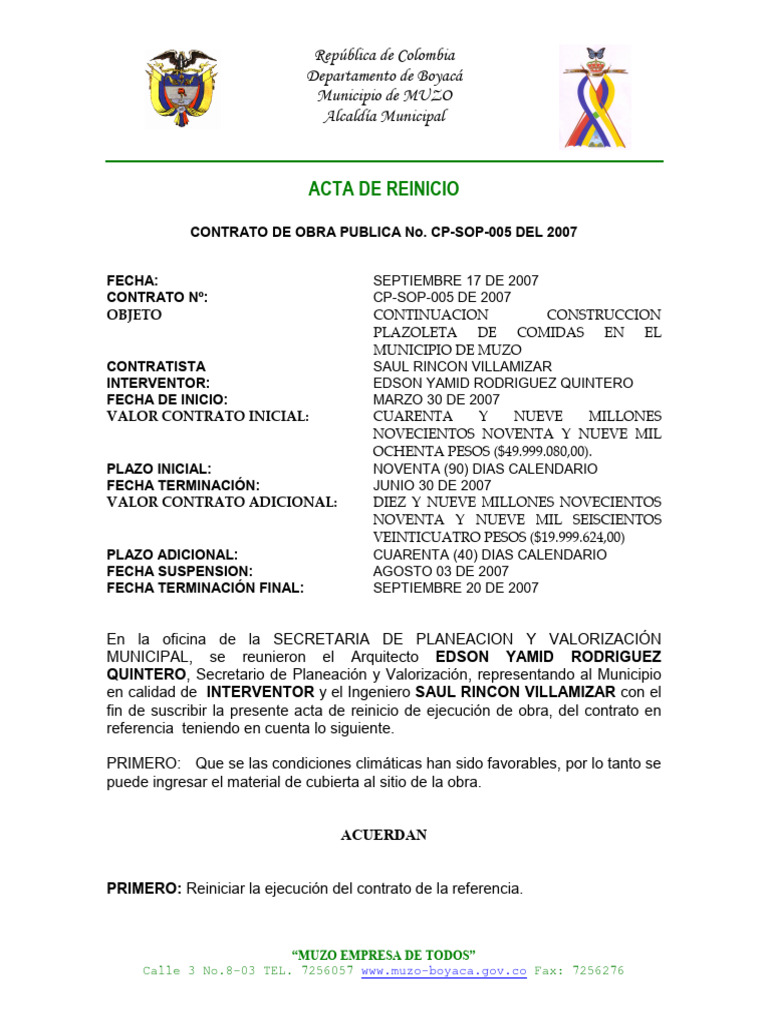 Acta de Reinicio de Obra | PDF