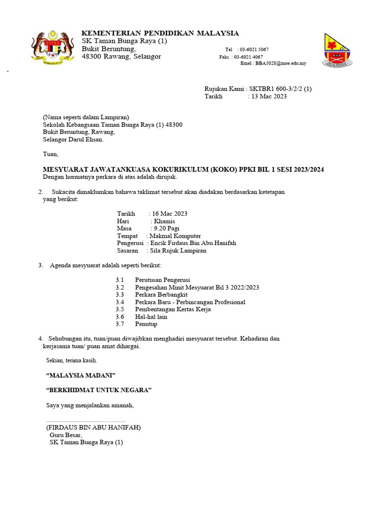 Surat - Mesyuarat - Koko - Ppki - Bil 1 Sesi 2023 | PDF Surat - Mesyuarat - Koko - Ppki - Bil 1 Sesi 2023 | PDF