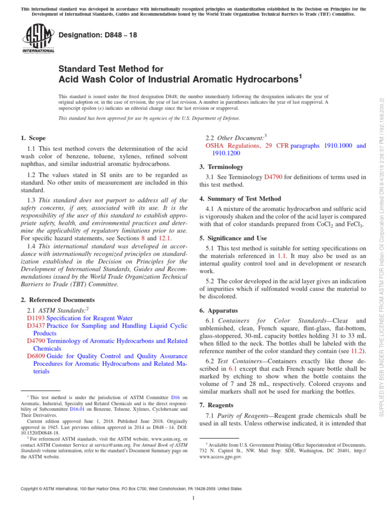 Acid Wash Color of Industrial Aromatic Hydrocarbons: Standard Test ...