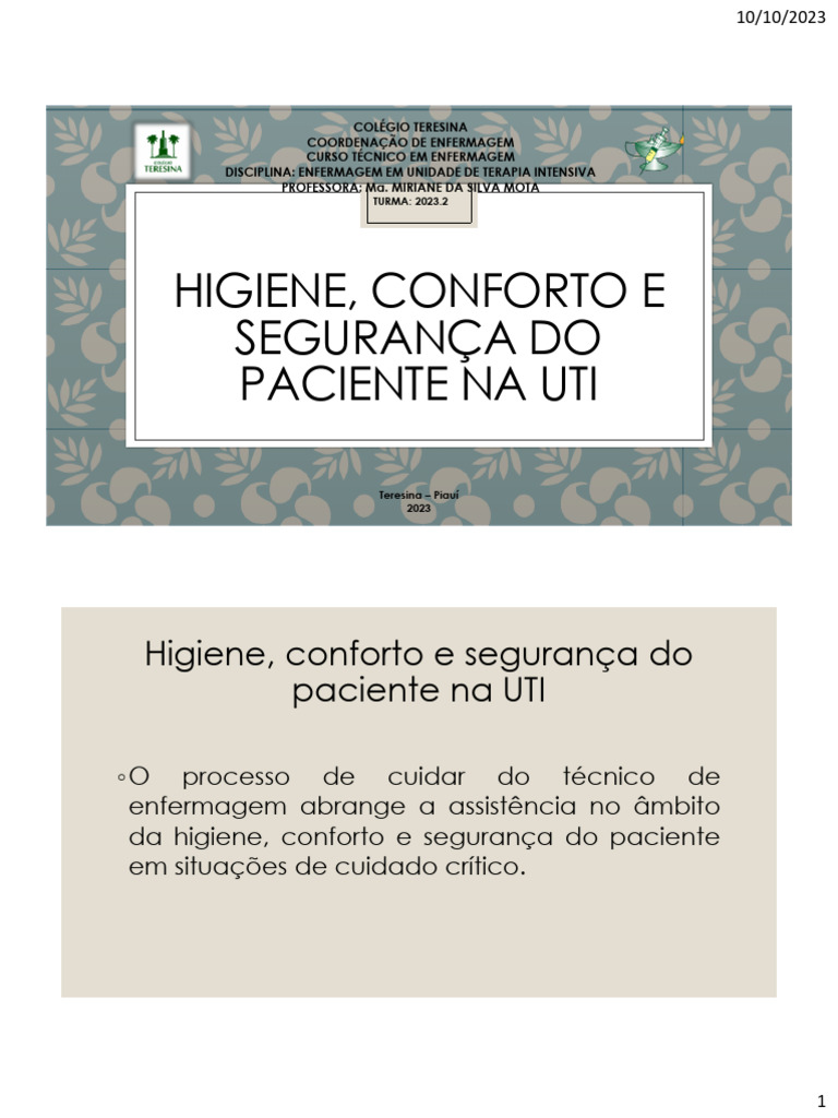Aula 06 Higiene Conforto E Segurança Do Paciente Na Uti Download Grátis Pdf Colchão 