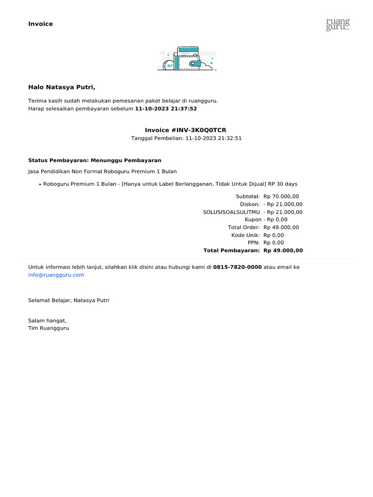 Invoice Ruangguru INV-3K0Q0TCR 1697034776 | PDF