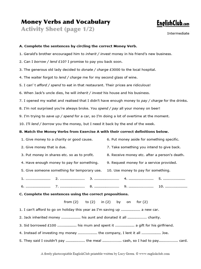 Money Verbs Activity | PDF