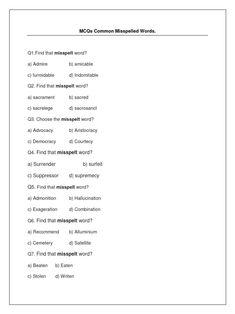MCQs Common Misspelled Words | PDF
