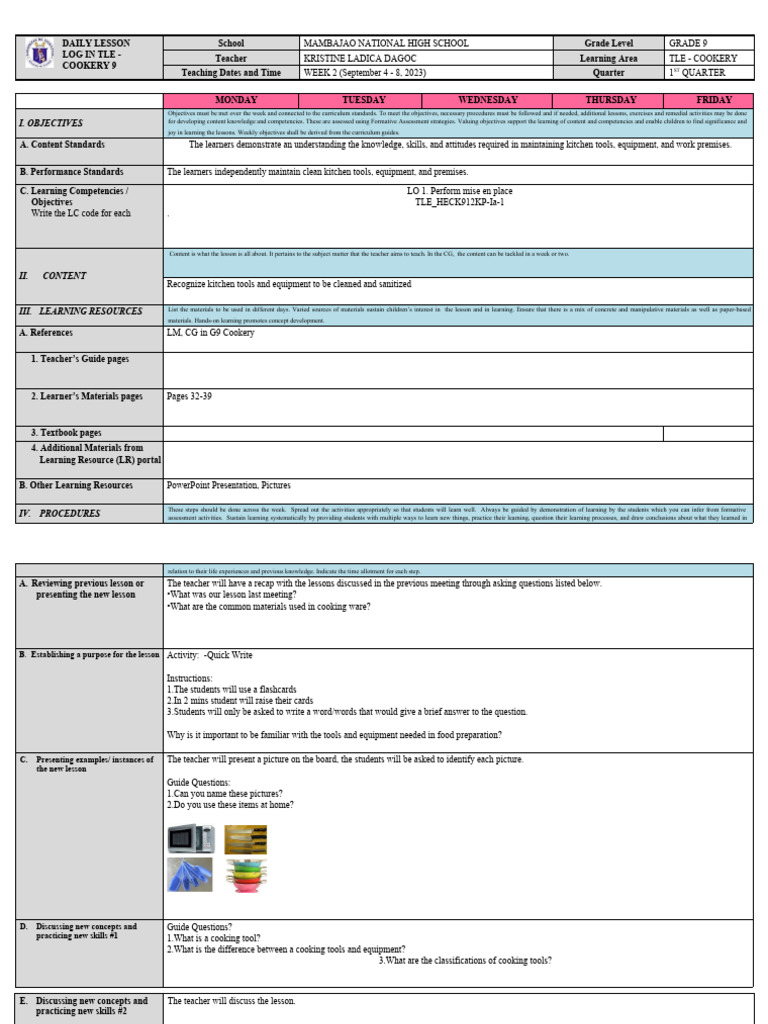 DLL Tle Cookery 9 WK2 Q1 Edited | PDF