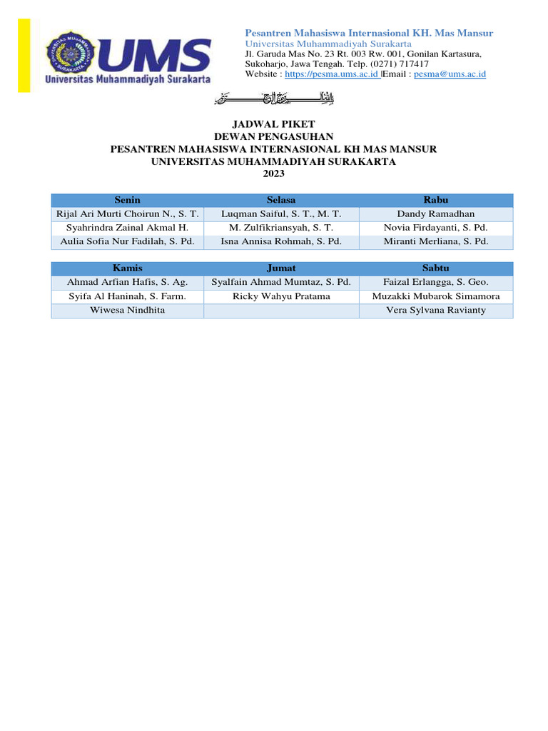 Jadwal dan Peraturan Piket Pesma UMS 2023 | PDF