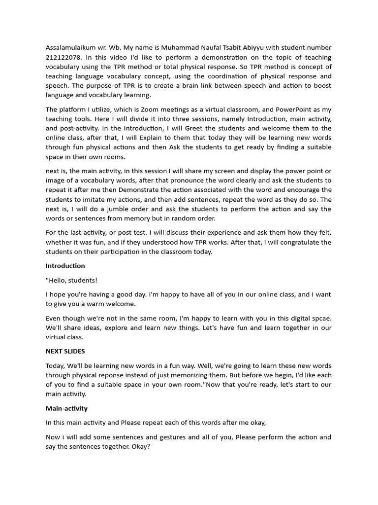 TPR Method Vocab Script | PDF | Vocabulary | Behavior Modification