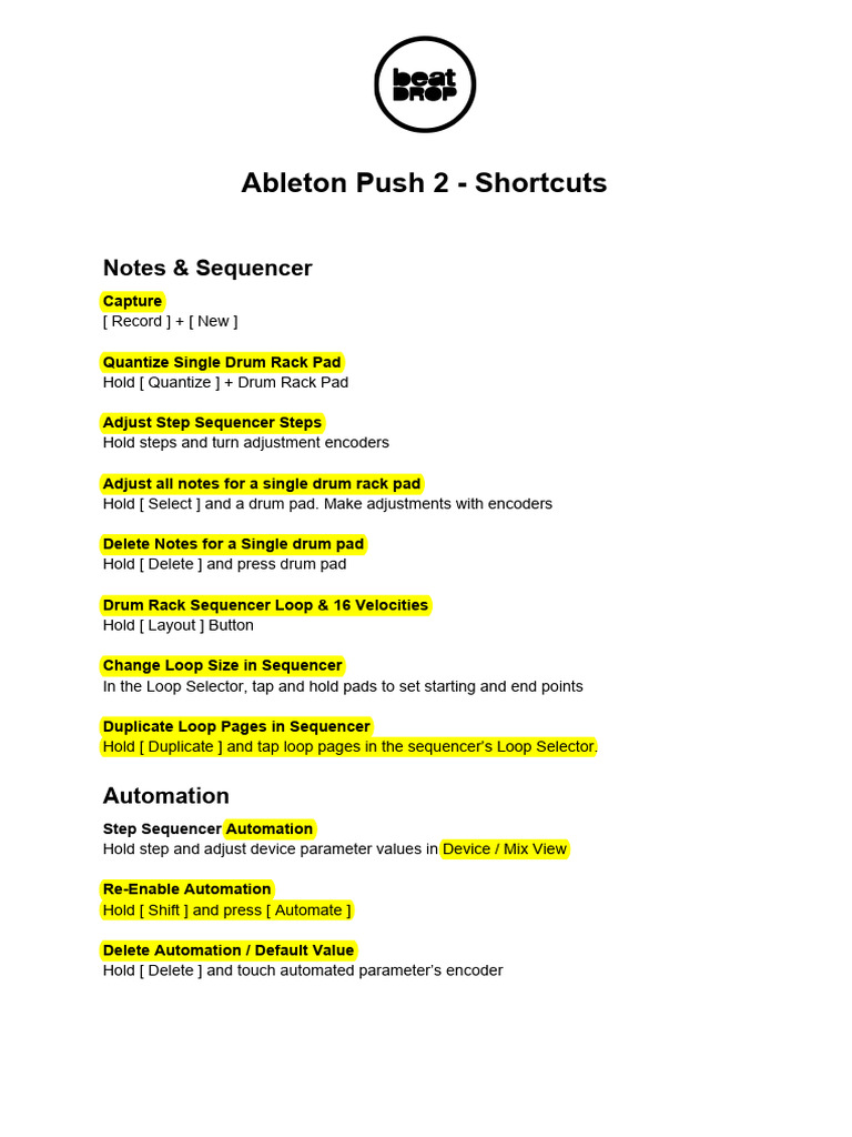 Ableton Push 2 Shortcut Reference | PDF