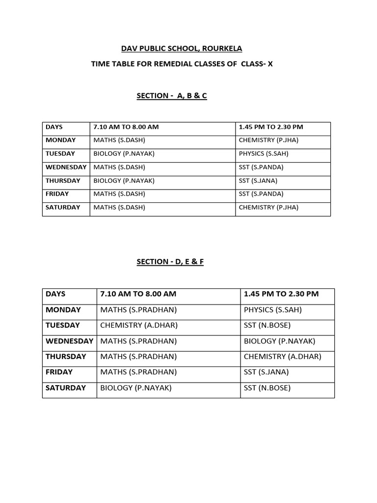 Time Table For Remedial Classes | PDF | Wellness