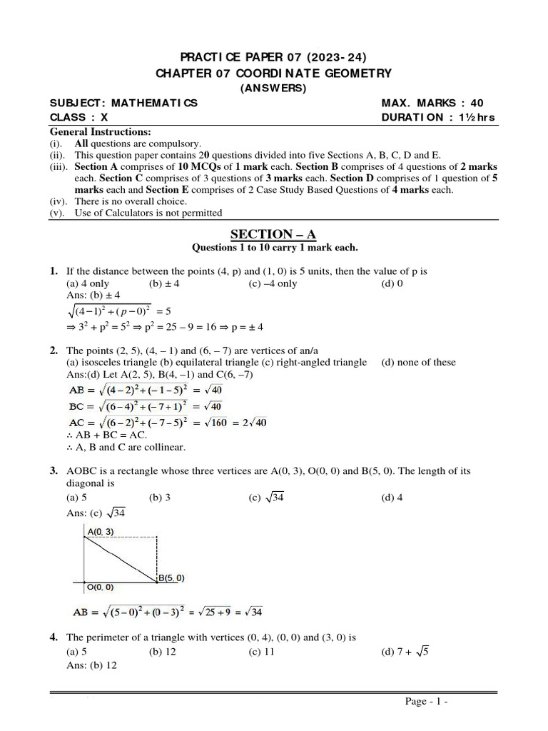 Maths Class X Chapter 07 Coordinate Geometry Practice Paper 07 Answers ...