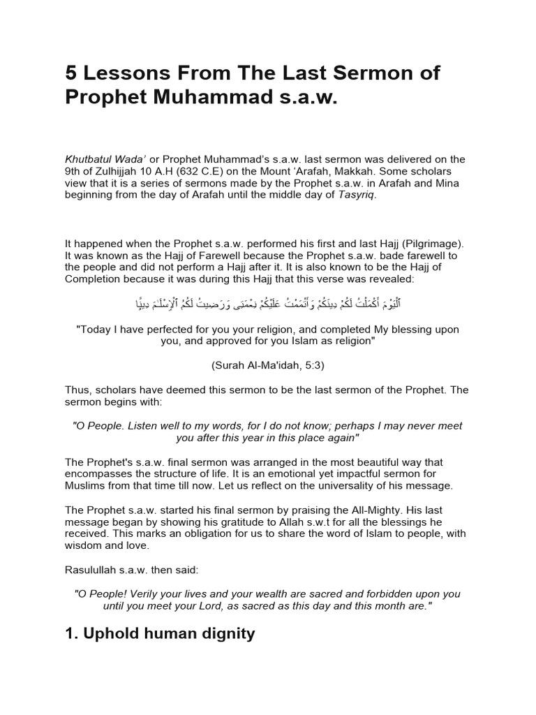 5 Lessons From The Last Sermon | PDF | Social Science
