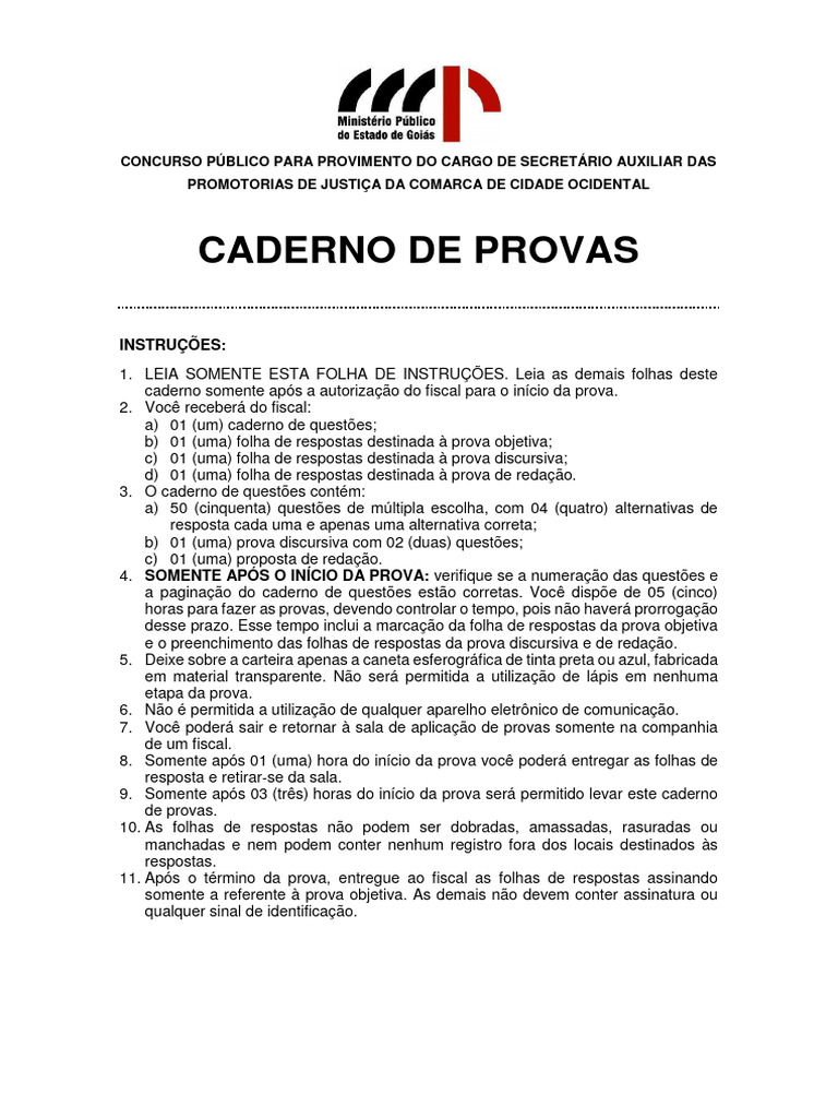 Caderno de Provas - Concurso Secretário Auxiliar | PDF | Promotor ...