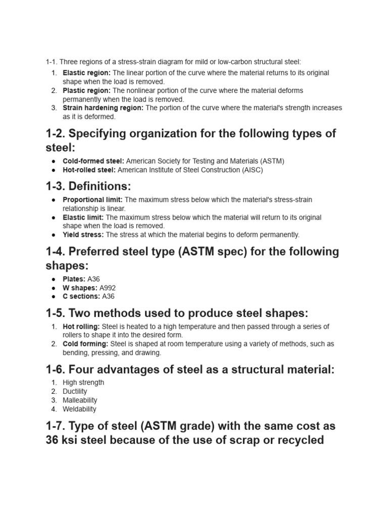 1-1. List the three regions of a stress-strain diagram for mild or low ...