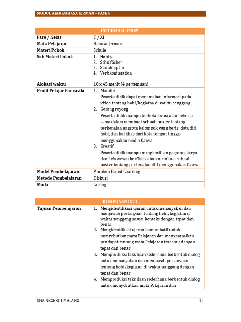 Modul Ajar Bahasa Jerman Kelas XI | PDF | Seni & Disiplin Bahasa