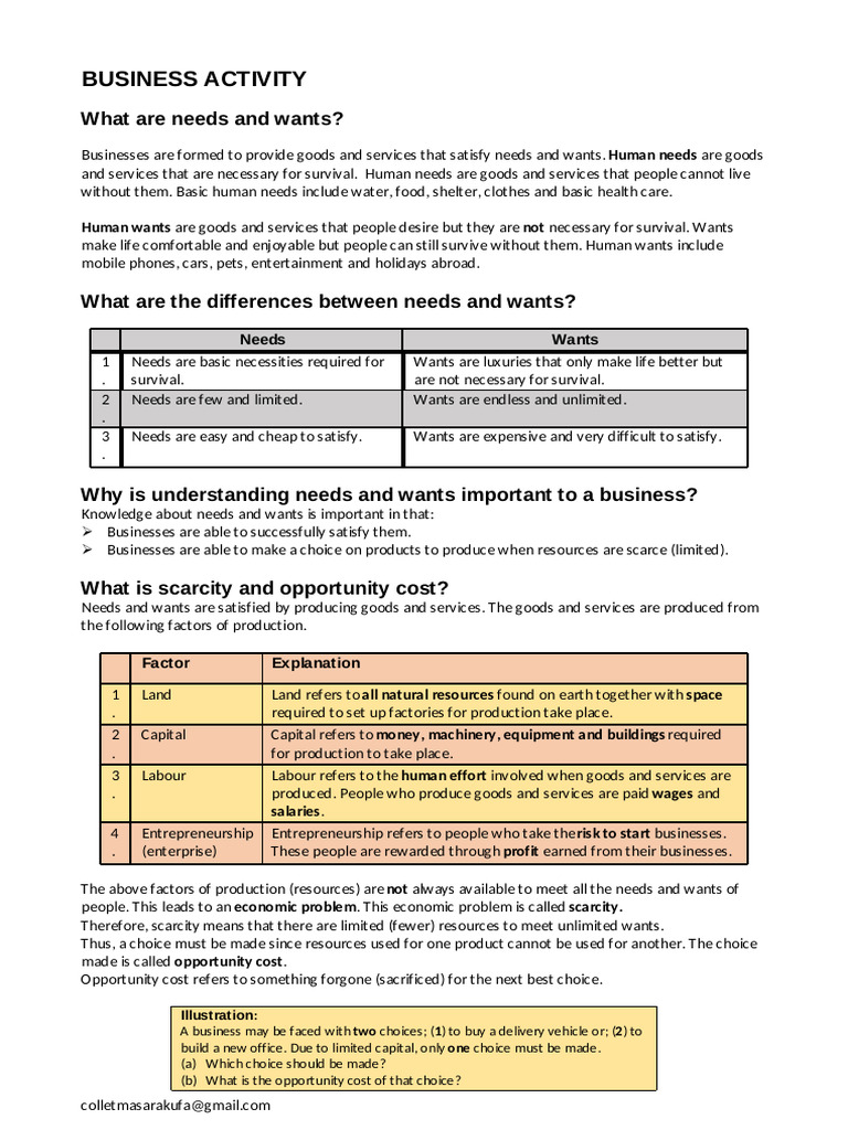 Business Activity: What Are Needs and Wants? | PDF | Entrepreneurship ...