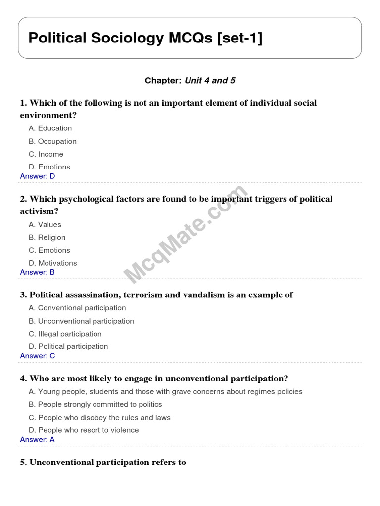 Political Sociology Quiz Chapter Unit 4 And 5 Solved Mcqs Set 1 Pdf