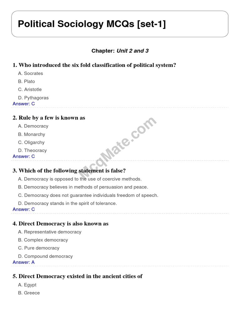 Political Sociology QUIZ (Chapter - Unit 2 and 3) Solved MCQs (Set-1 ... Political Sociology QUIZ (Chapter - Unit 2 and 3) Solved MCQs (Set-1 ...