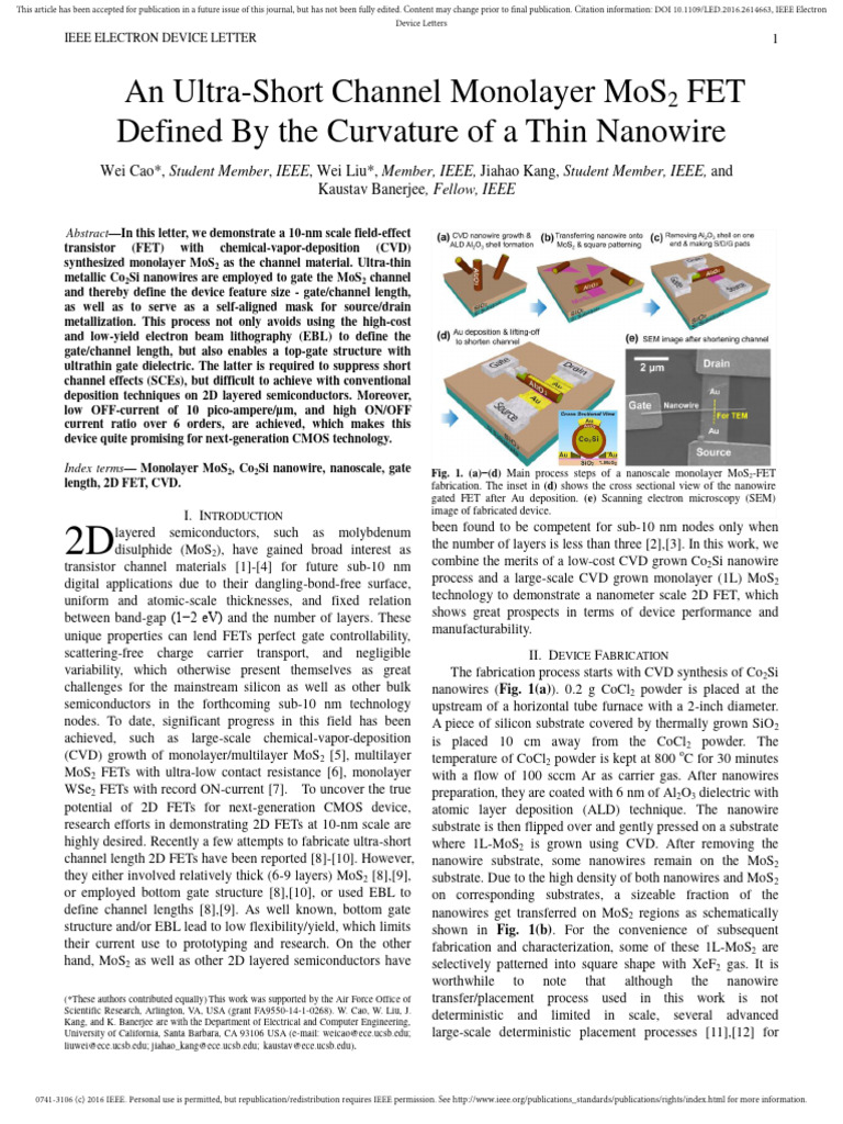 Nanoscale MoS2 FET with Co2Si Gate | PDF | Nanowire | Field Effect ...