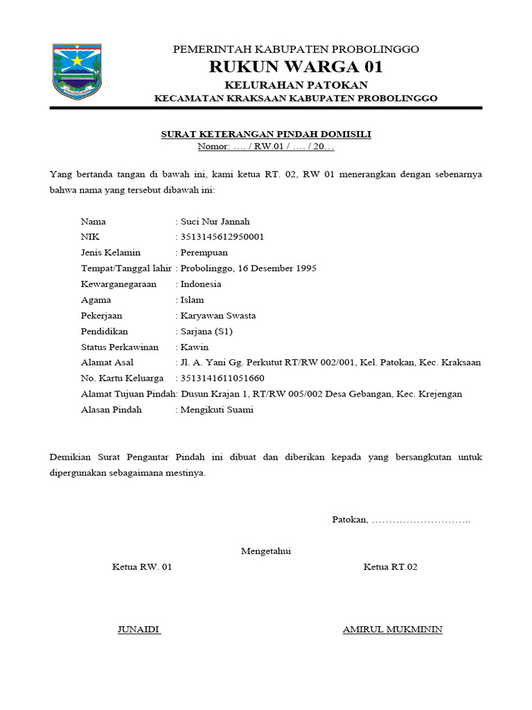 Surat Keterangan Pindah Domisili | PDF