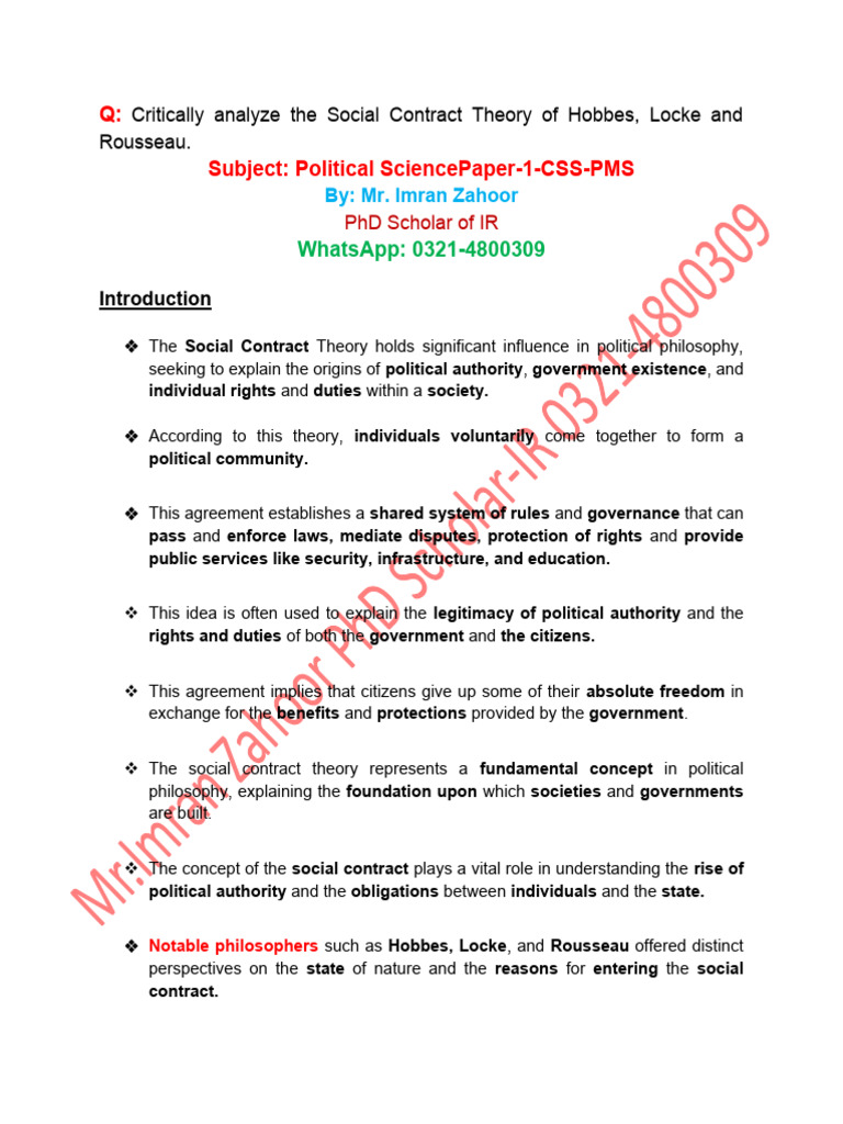 Lecture Notes Social Contract Theory | PDF | Social Contract | John Locke