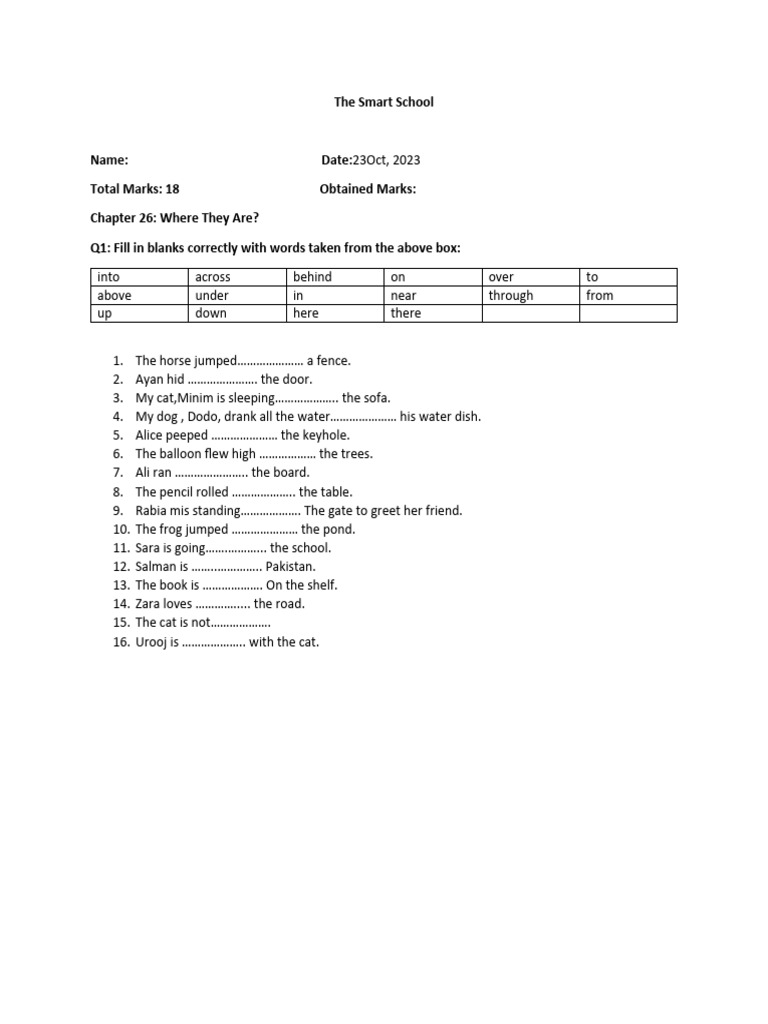 Class 1 English Test Chapter 26 | PDF
