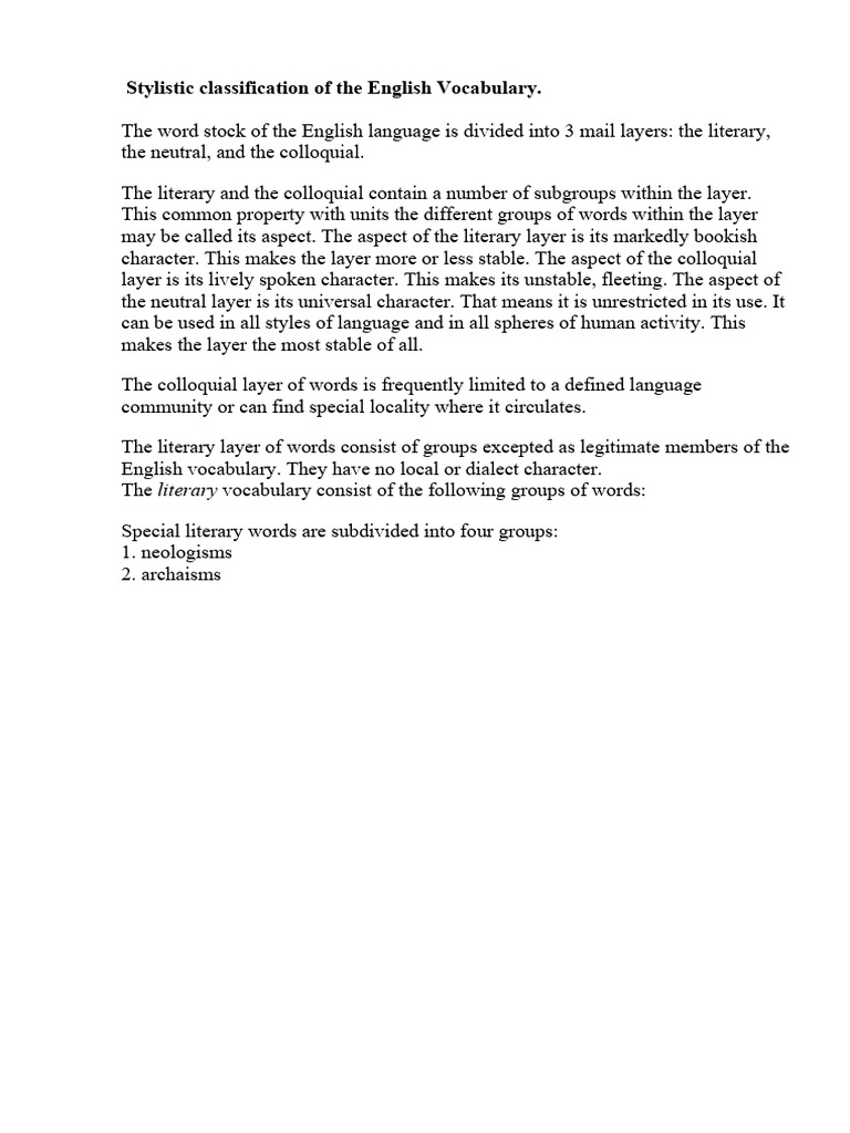 Stylistic Classification of The English Vocabulary | PDF