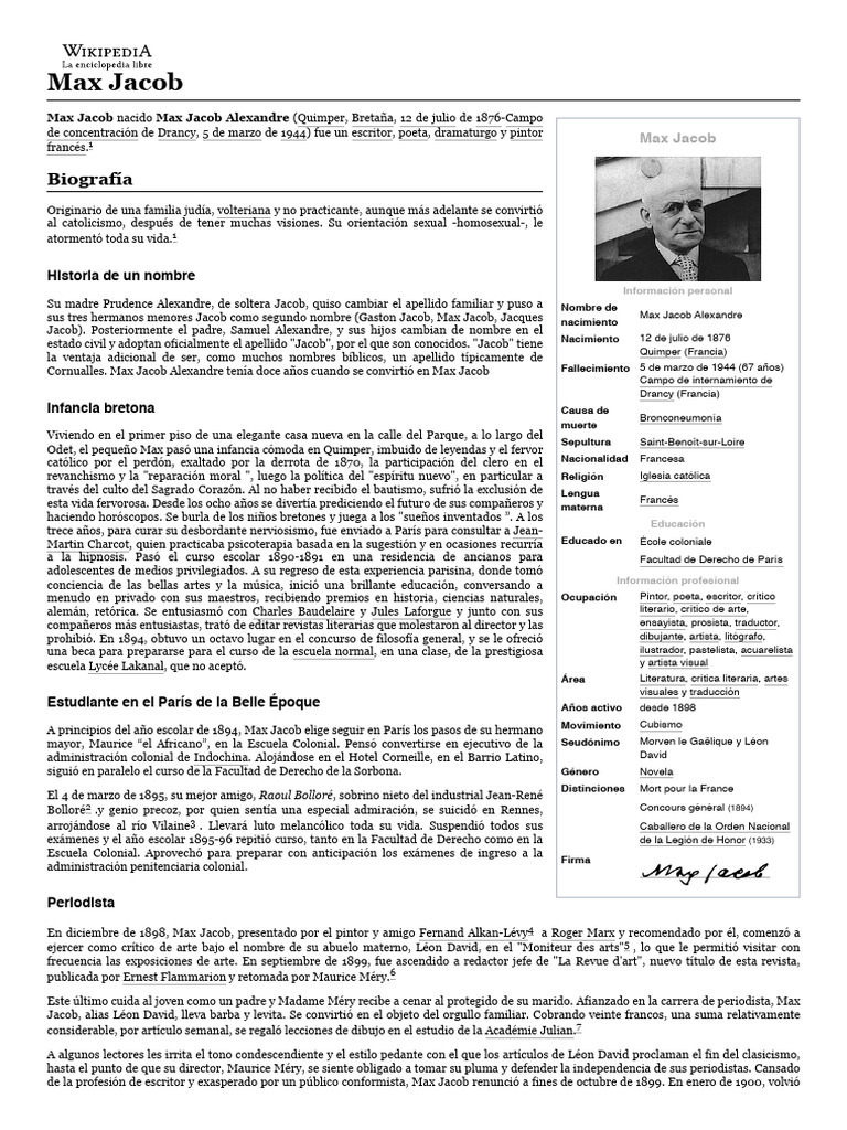 Max Jacob - Wikipedia, La Enciclopedia Libre | PDF | Pablo Picasso