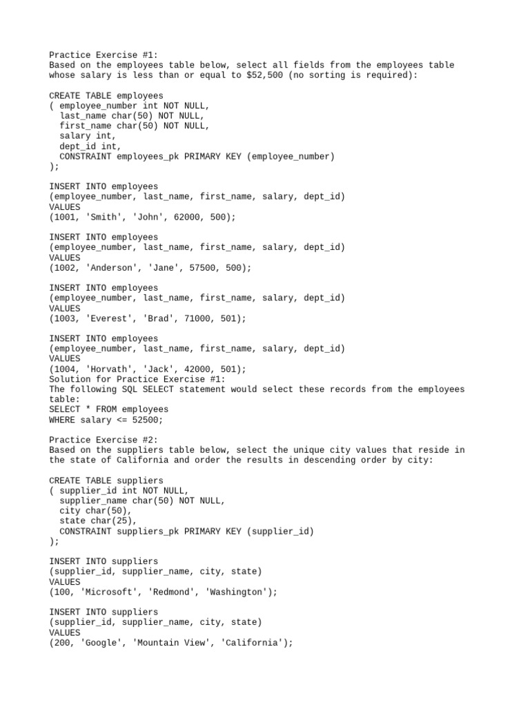 SQL Practice Exercises with Solutions | PDF | Computer Data ...