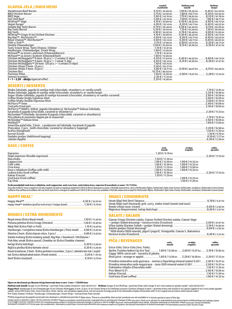 McDonald's Arena Centar Cjenik | PDF | Food And Drink Preparation ...