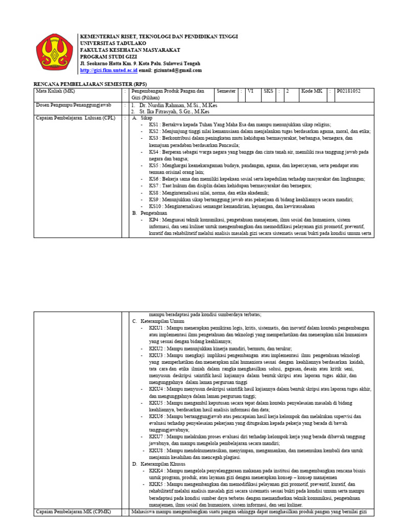 RPS Pengembangan Produk Pangan Dan Gizi Pilihan | PDF
